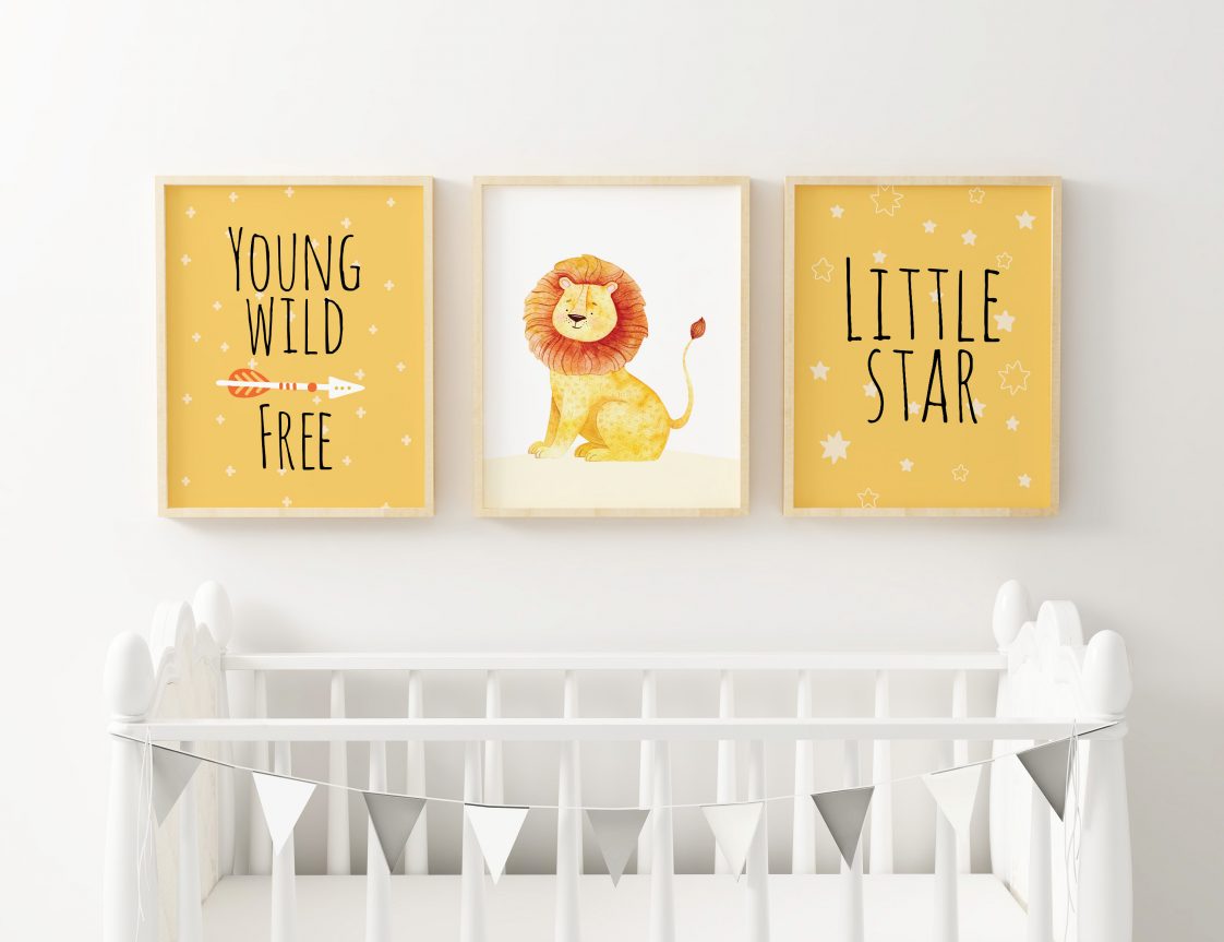 Set of 3 Girl Boy Baby Room, little star, baby lion and young wild free ...